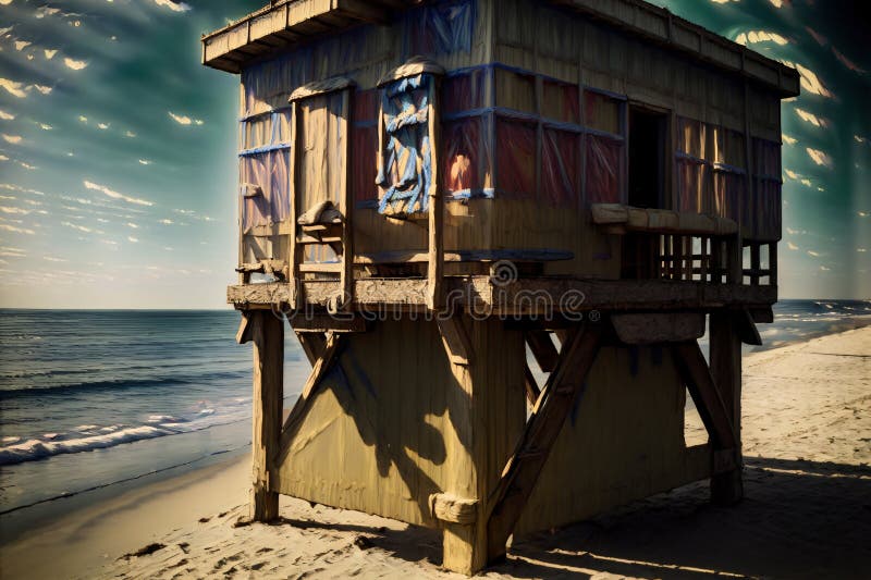 A Lifeguard Tower on a Beach with the Ocean in the Background ...