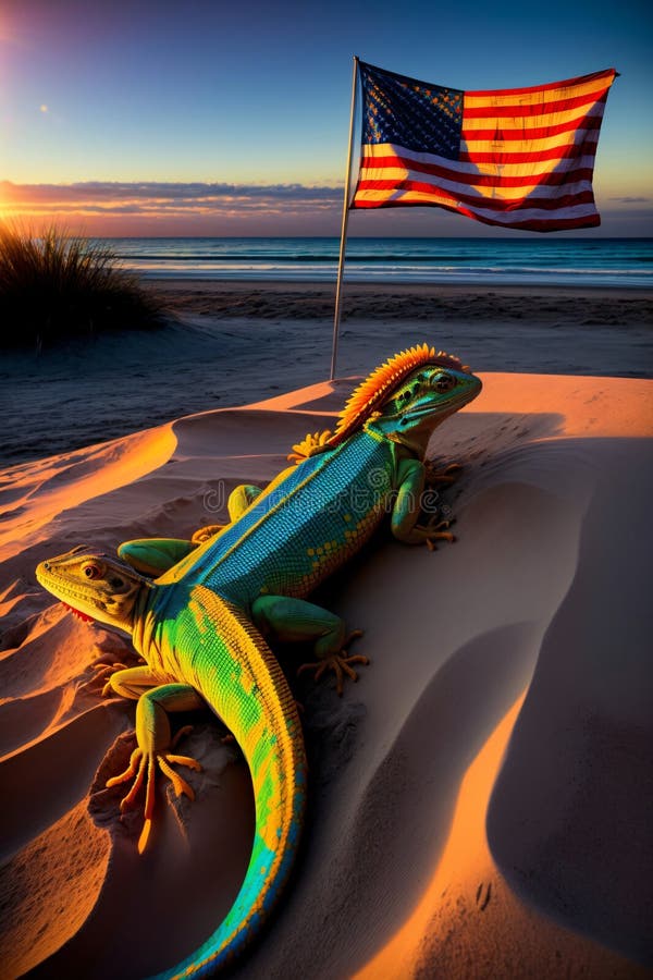 A Lizard Sitting on Top of a Sandy Beach Next To an American Flag ...