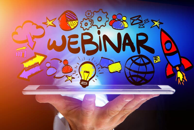 Concept of Man Holding Interactive Interface with Webinar Title Stock ...