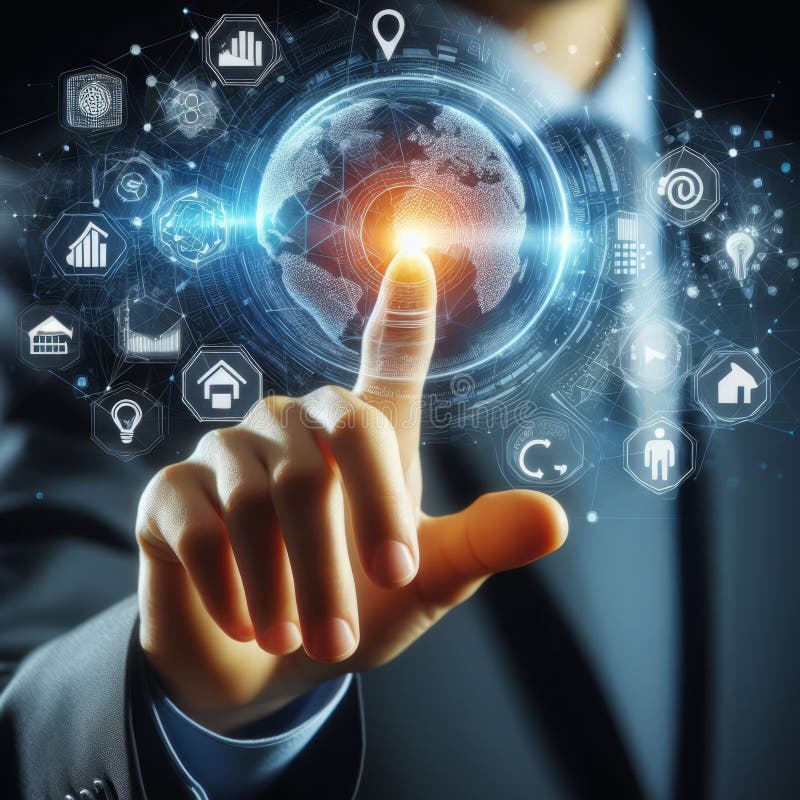 Concept of Man Interacting with AI Technology Stock Illustration ...