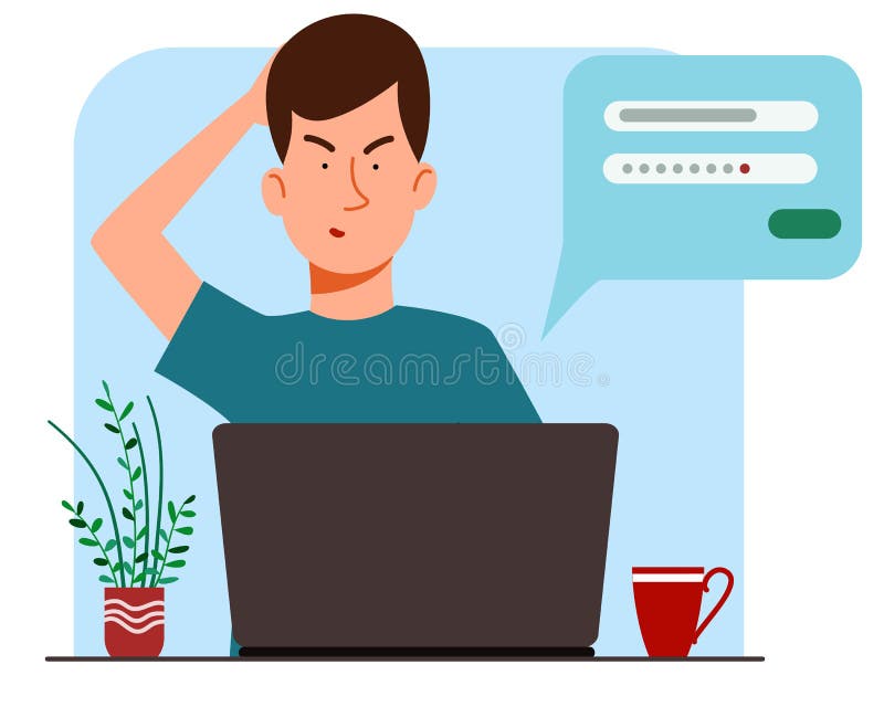 The Concept of a Man Thinking Behind a Laptop Stock Illustration ...