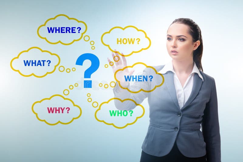 Concept of Many Different Questions Asked with Businesswoman Stock ...
