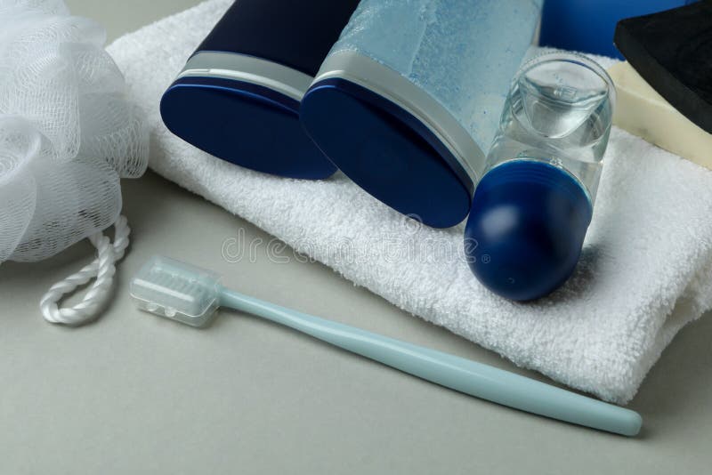 Concept of Men`s Hygiene Tools on Light Gray Background Stock Photo ...