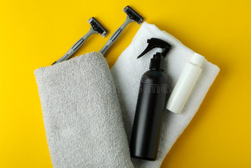Concept of Men`s Hygiene Tools on Yellow Background Stock Image - Image ...