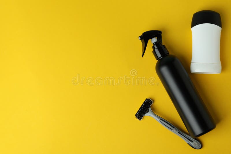 Concept of Men`s Hygiene Tools on Yellow Background Stock Image - Image ...