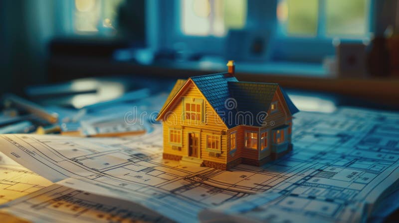 Concept with Miniature Home Atop Blueprints Stock Illustration ...