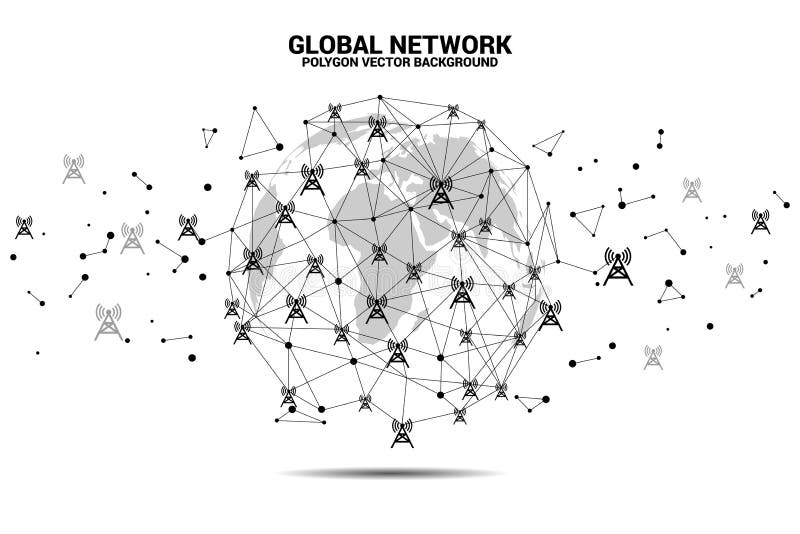 Vector Polygon Dot Connect Line with Antenna Tower Icon Around World ...