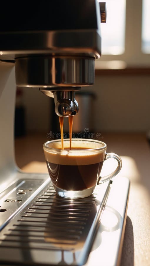 Modern Coffee Machine Brews Steaming Espresso in Sunlit Kitchen Scene ...