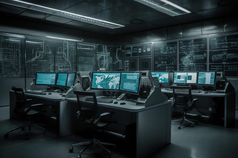 Modern Control Room Multiple Personal Computer Monitors Showing Coding Language Program With