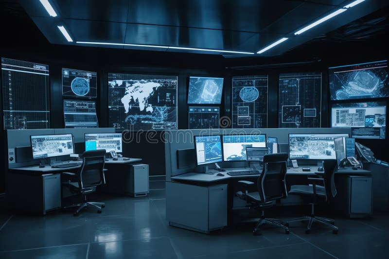 Modern Control Room, Multiple Personal Computer Monitors Showing Coding Language Program with ...