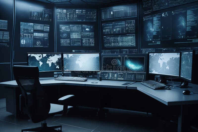 Modern Control Room, Multiple Personal Computer Monitors Showing Coding Language Program with ...