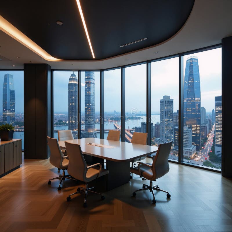 Modern 3Drendered Office Interior Featuring Cityscape Backdrop Stock ...