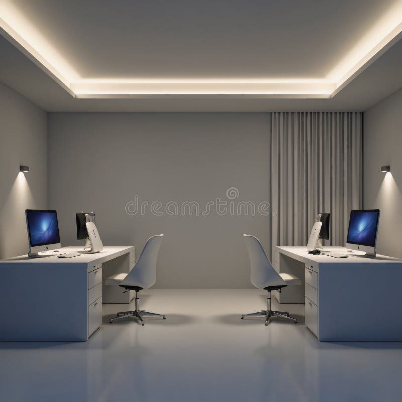 Modern 3Drendered Office Interior Featuring Two Desks and Computers ...