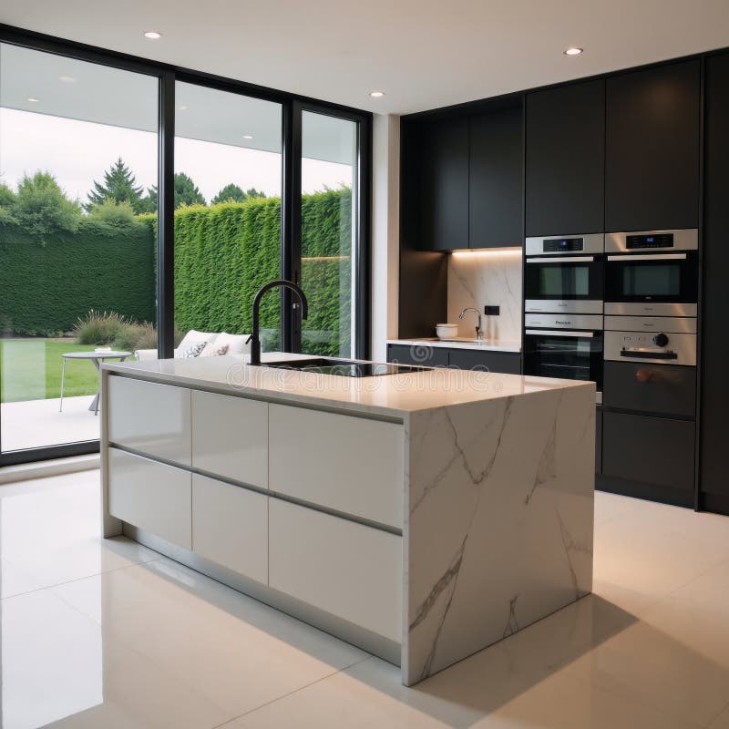 Modern Luxury Kitchen Features a Sleek Kitchen Island Stock ...