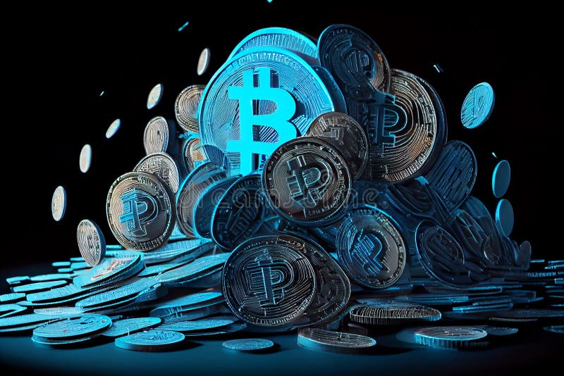 Concept of Modern Money with a Pile of Bitcoins with Blue Light Stock ...