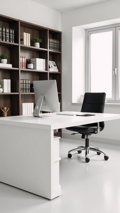 Modern Office Workspace Desk Computer Bookshelf Big Window in Bright ...