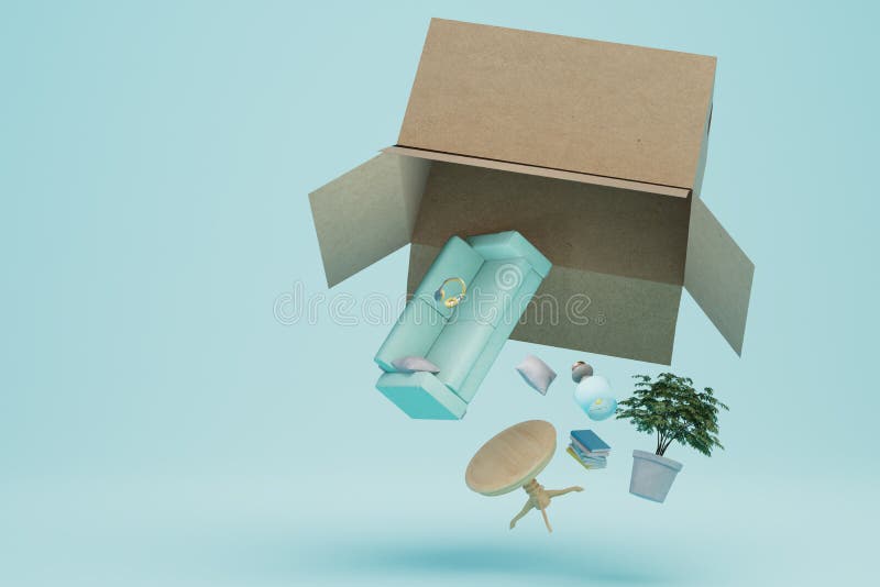 The Concept of Moving. Interior Items Flying Out of the Box on a Blue ...