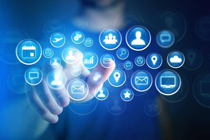 Concept of Multimedia Icon Flying Over Device on a Technology in Stock ...