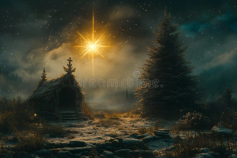 An Empty Manger, a Bright Star at Sky and Christmas Tree As a Concept ...