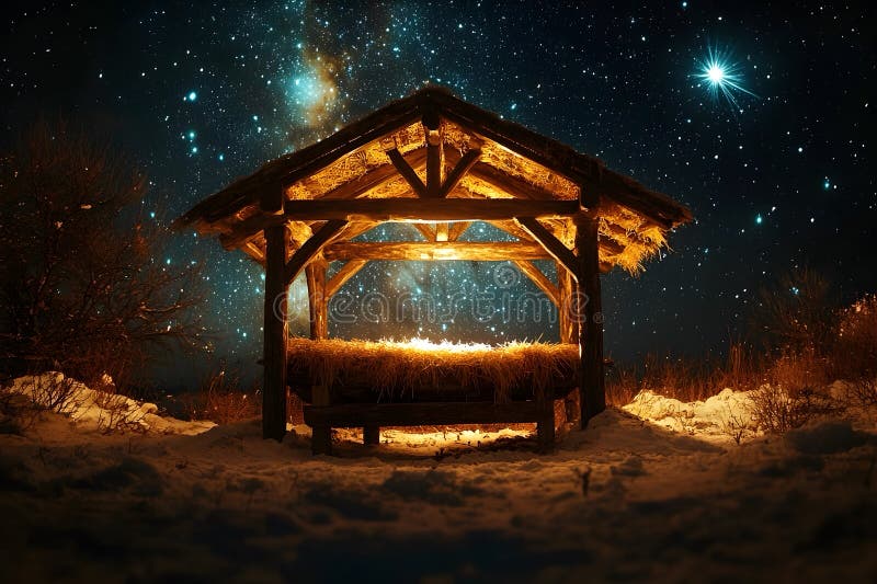 An Empty Manger and a Bright Star at Sky, As a Concept of Nativity ...