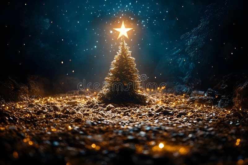 An Empty Manger, a Bright Star at Sky and Christmas Tree As a Concept ...