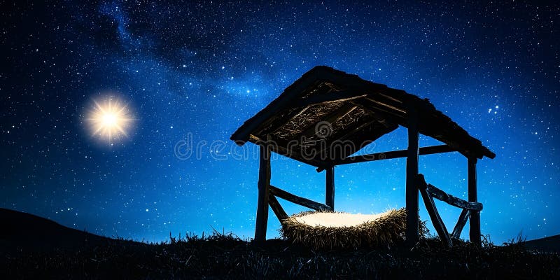 An Empty Manger and a Bright Star at Sky, As a Concept of Nativity ...
