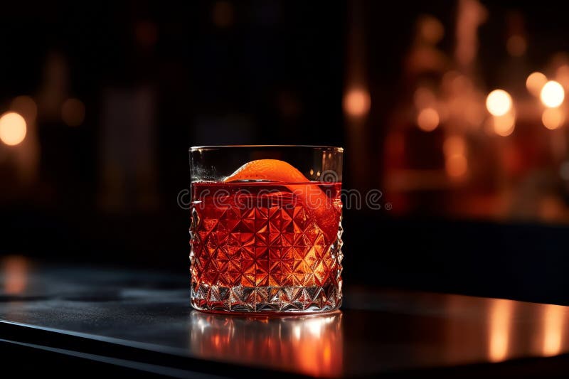 Negroni Cocktail with the Beautiful Reflection of the Bar Lights on a ...
