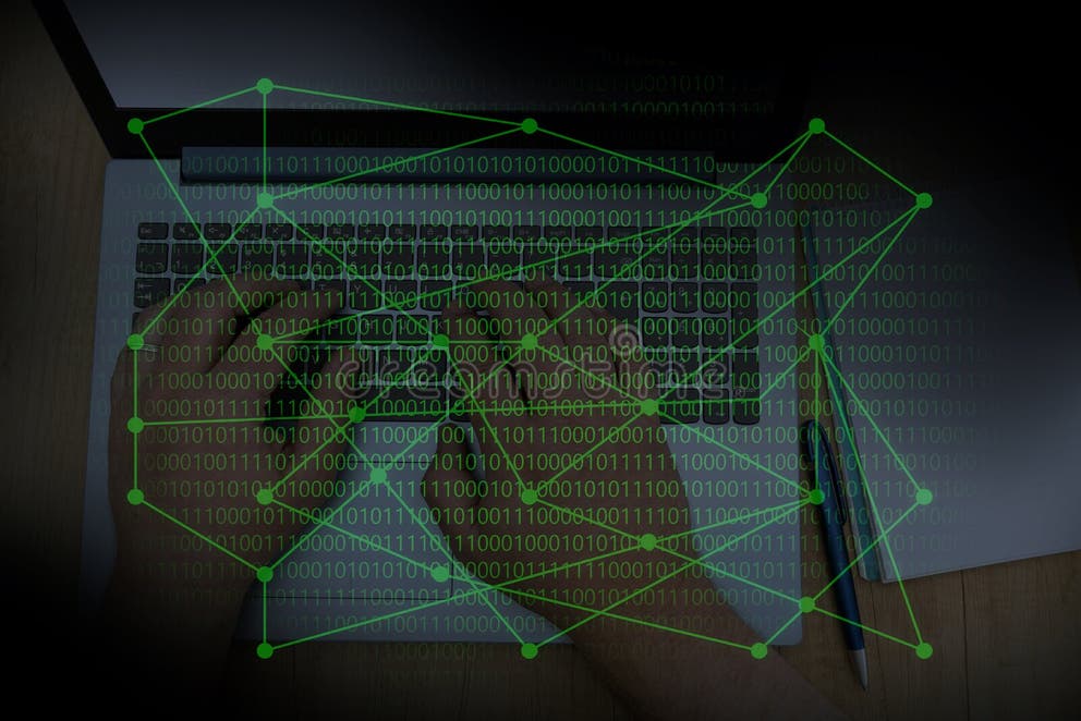 Concept of Networks and Computer Security. Network Diagram with Binary Text and Man Hands ...