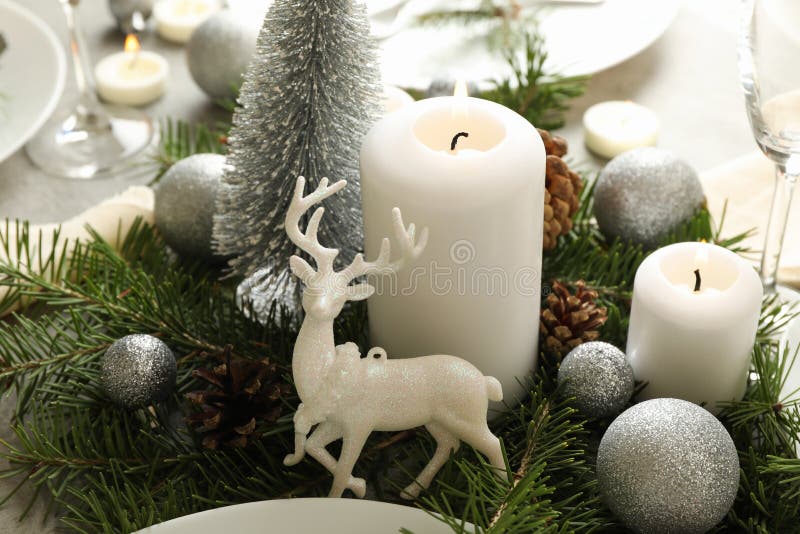 Concept of New Year Table Setting with Reindeer, Close Up Stock Photo ...