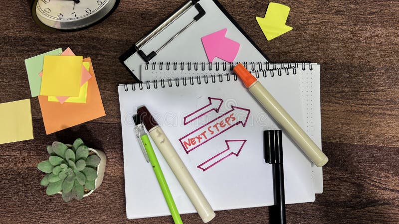 Concept of Next Steps Write on Book Isolated on Wooden Table Stock ...