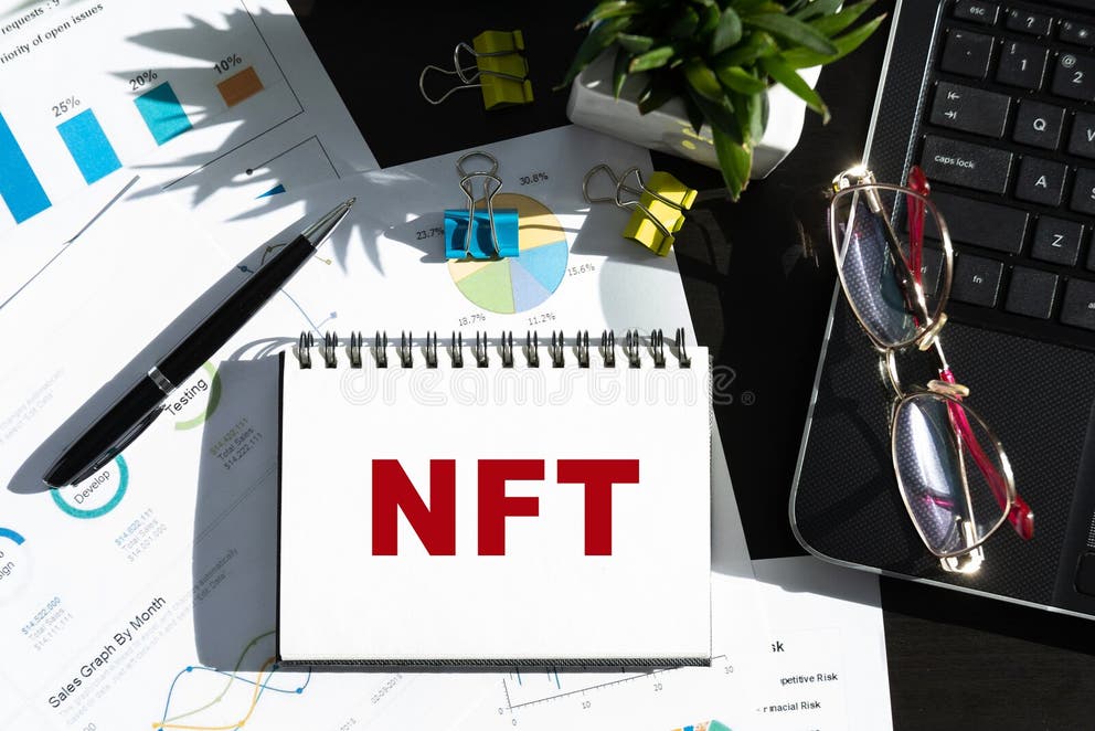 Concept NFT Message on White Notepad with Glasses, Chart and Laptop on Black Background Stock ...