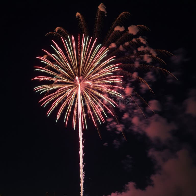 Nighttime Firework Explosion Over a 4th of July Themed Backdrop Stock ...