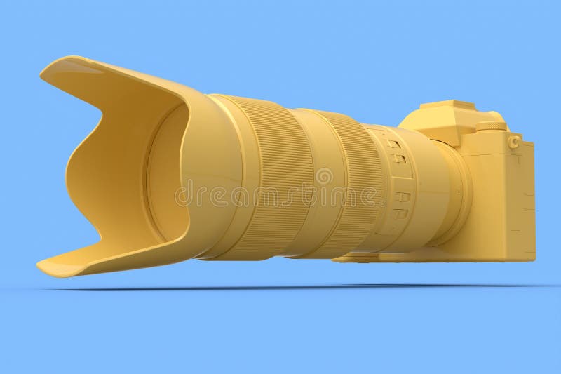 Concept of Nonexistent Silver DSLR Camera with Lens Isolated on Blue ...