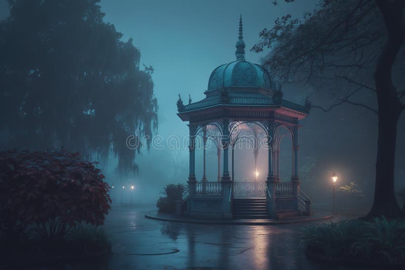 Nostalgic Night at Empty Raining Abandon Park Stock Illustration ...