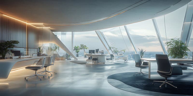 Concept Office of the Future with Floating Desks and Holographic ...