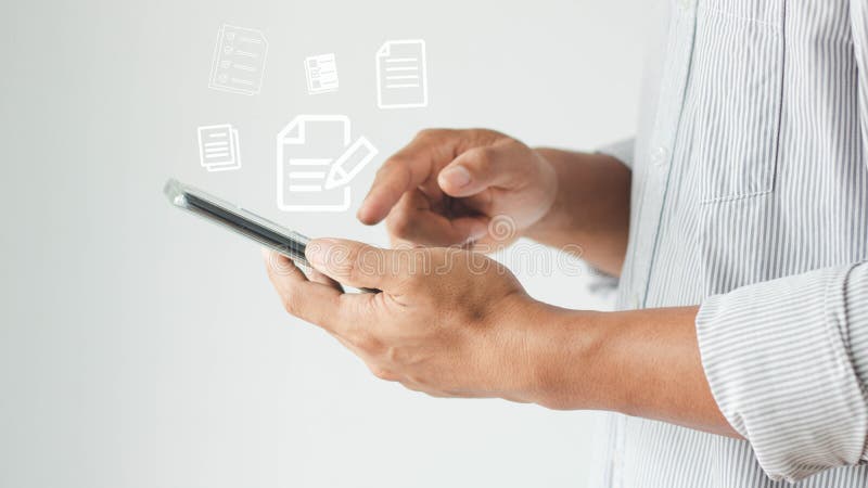 Concept of Online Document Management and Approval. Businessman Using ...