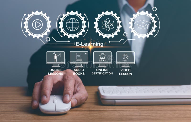 Concept of Online Education. Man Use Online Education Training and E ...