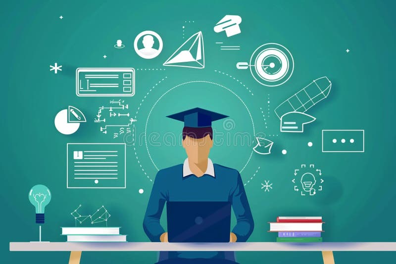 Concept of Online Education, Vector of Man Use Online Education ...