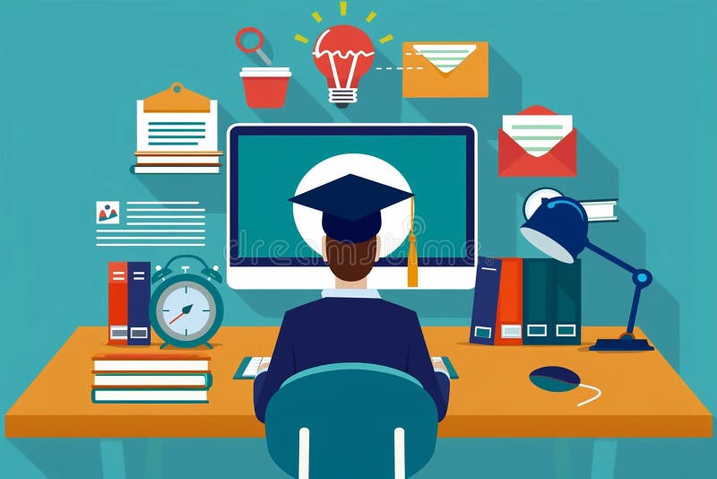 Concept of Online Education, Vector of Man Use Online Education ...