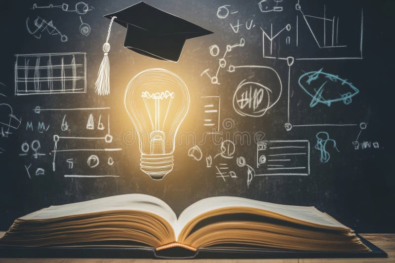 Concept of Online Learning Light Bulb, Graduation Cap, and Open Book ...