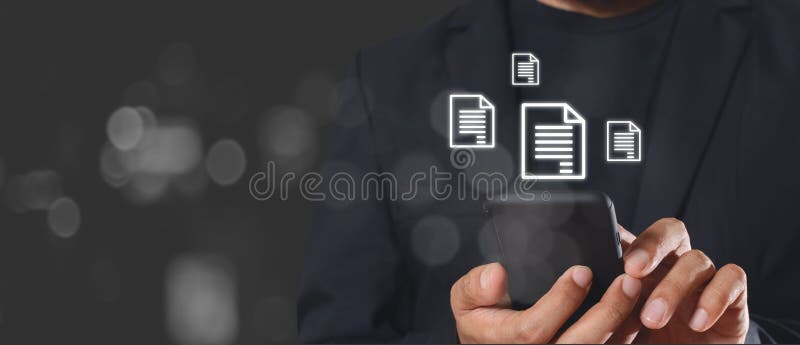 Concept of Online Management Documentation. Businessman Using Mobile ...