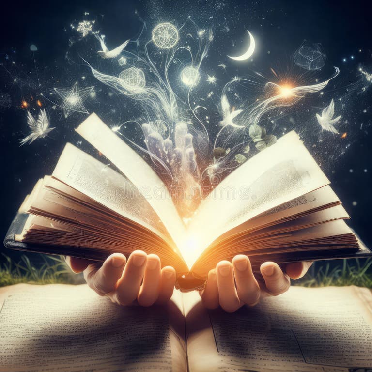 Concept of an Open Magic Book, Open Pages and Hands. Fantasy Stock ...