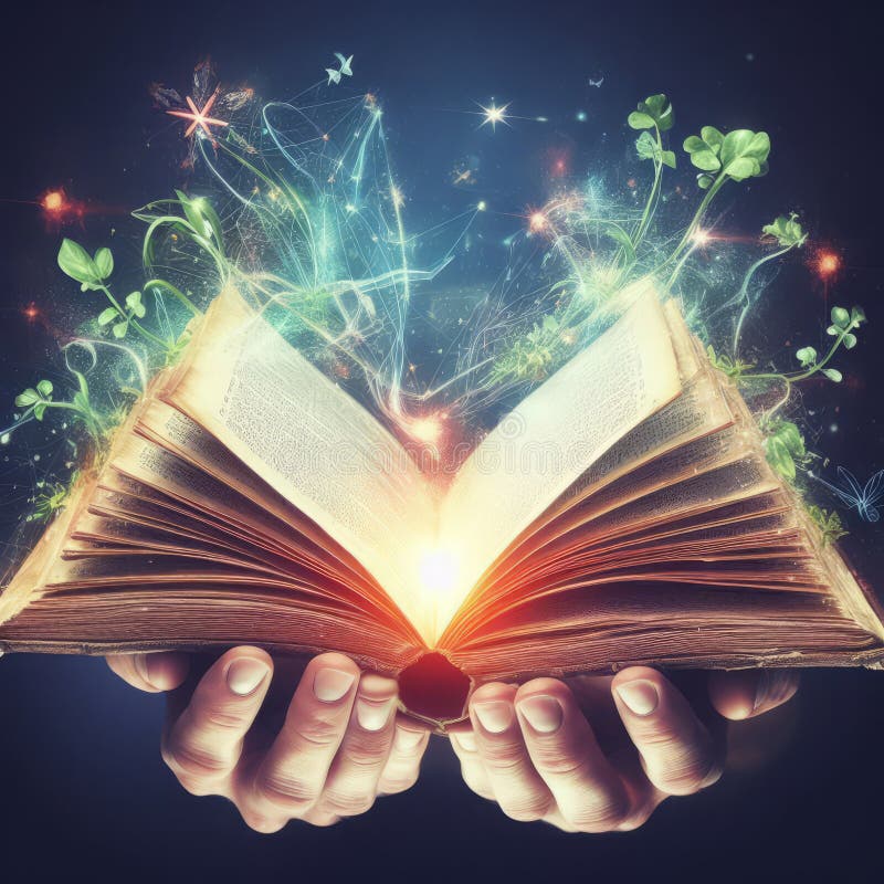 Concept of an Open Magic Book Open Pages Space, Milky Way, Mountains ...