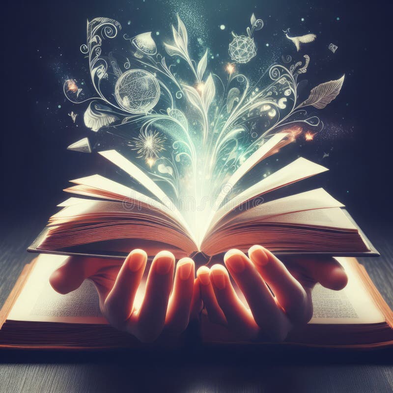 Concept of an Open Magic Book, Open Pages and Hands. Fantasy Stock ...