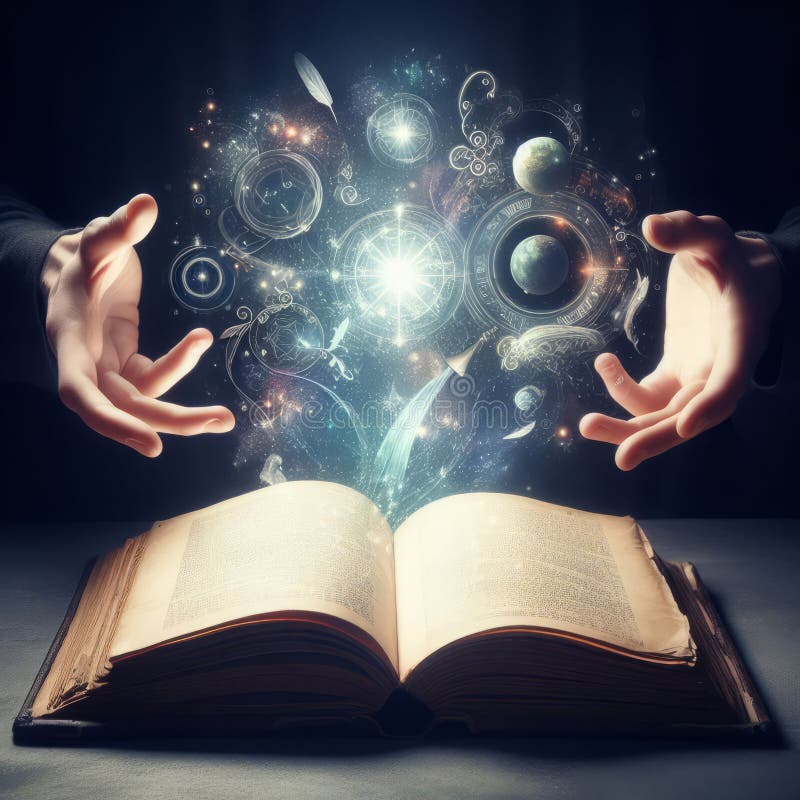 Concept of an Open Magic Book, Open Pages and Hands. Fantasy Stock ...