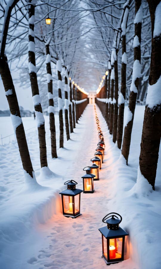 Photo of Christmas Snowy Path Lined with Lantern. Generative AI Stock ...