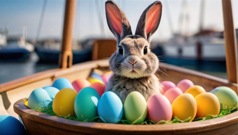 Photo of an Easter Bunny Surrounded by Easter Eggs on a Boat ...