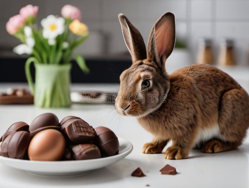 Photo of Illustration of Rabbit and Chocolate on a White Kitchen Table ...