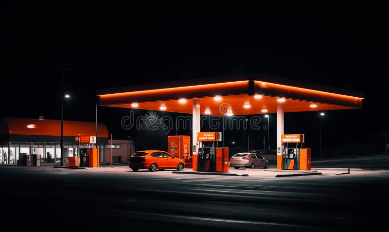 Concept Photo Oil Production and Gas Station. a Gas Station at Night ... Concept Photo Oil Production and Gas Station. a Gas Station at Night ...