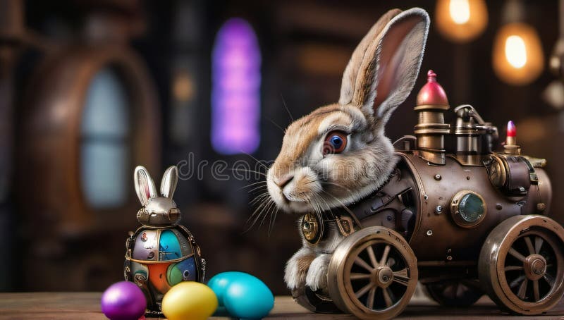 Photo of Steampunk Style Rabbit with Steam Engines and Colorful Easter ...